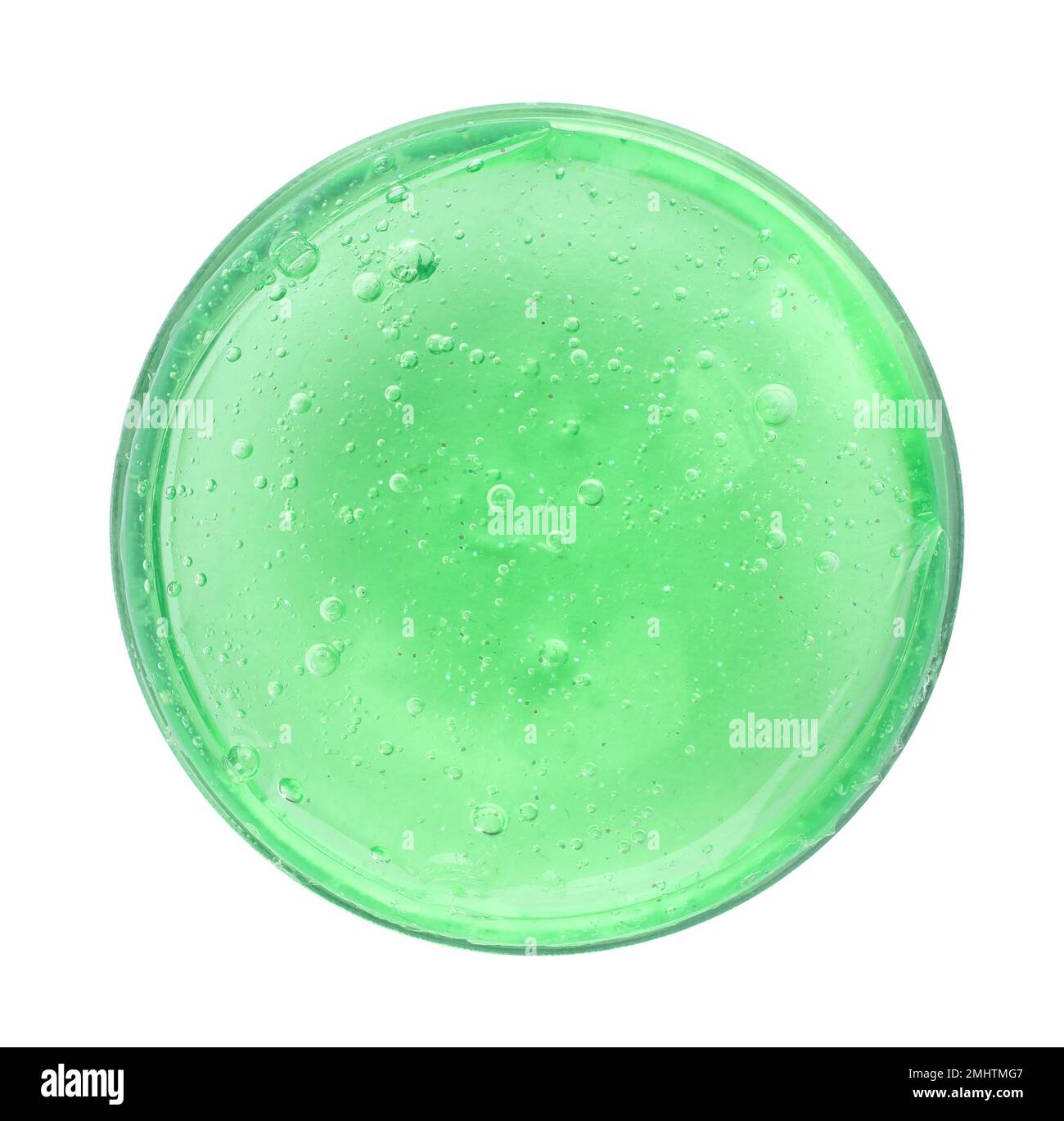 Green slime in plastic container isolated on white, top view ...