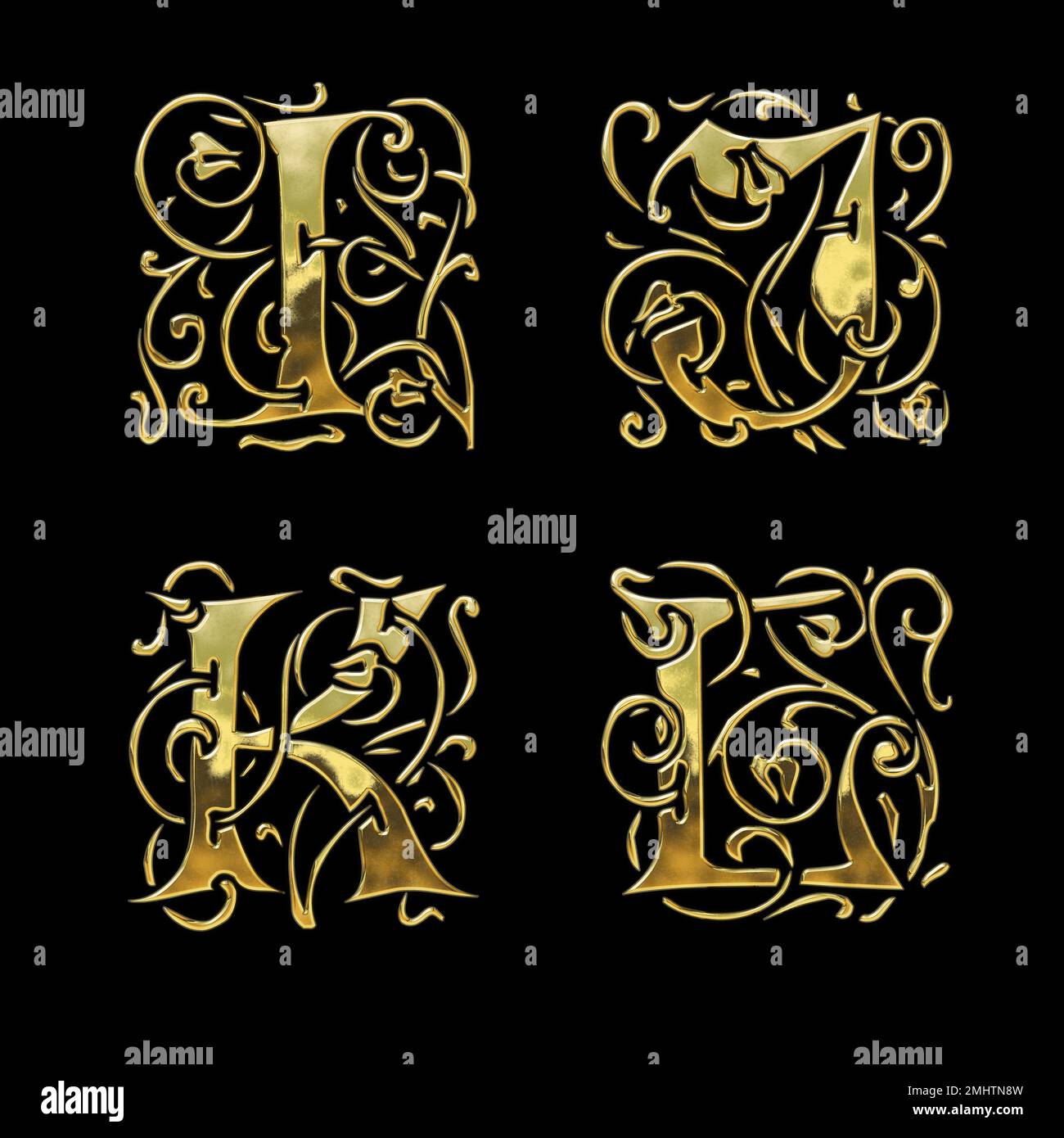 3D rendering of Golden Gothic style font alphabet - letters I-L Stock ...