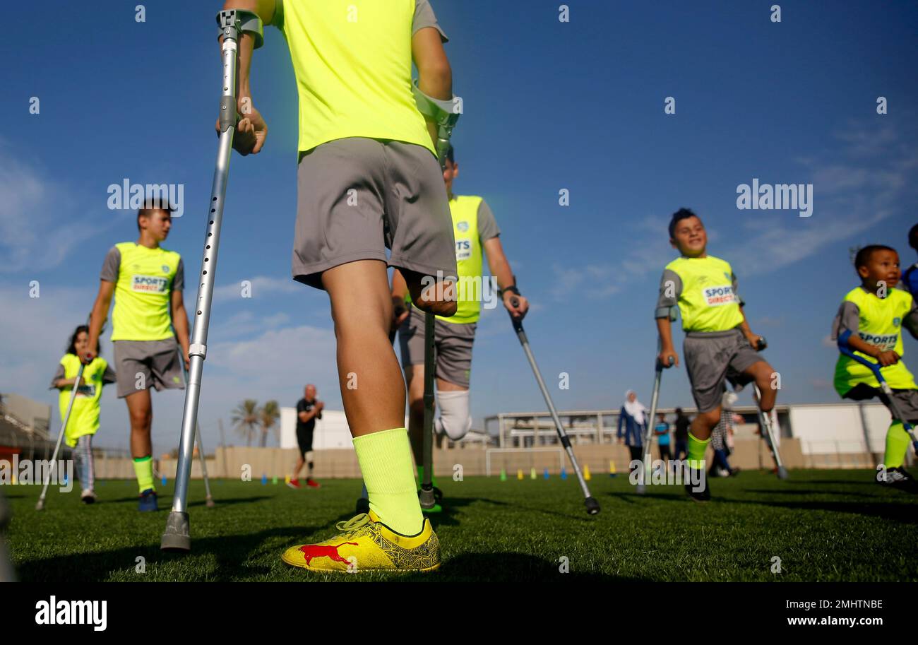 Palestinian amputee children play a soccer match at al-Durra play field ...