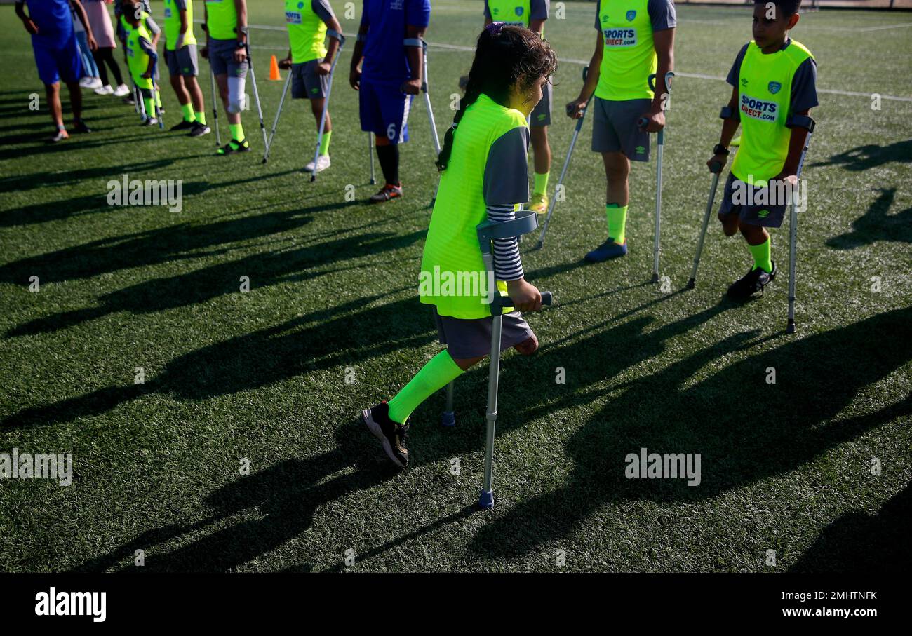Palestinian amputee children play a soccer match at al-Durra play field ...