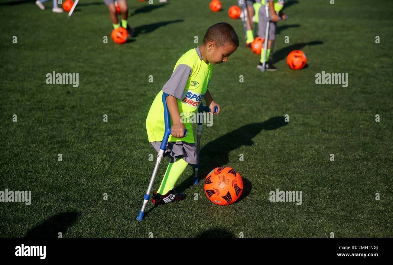Palestinian amputee children play a soccer match at al-Durra play field ...
