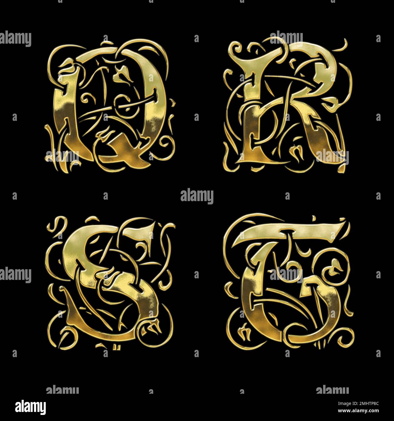 3D rendering of Golden Gothic style font alphabet - letters Q-T Stock ...