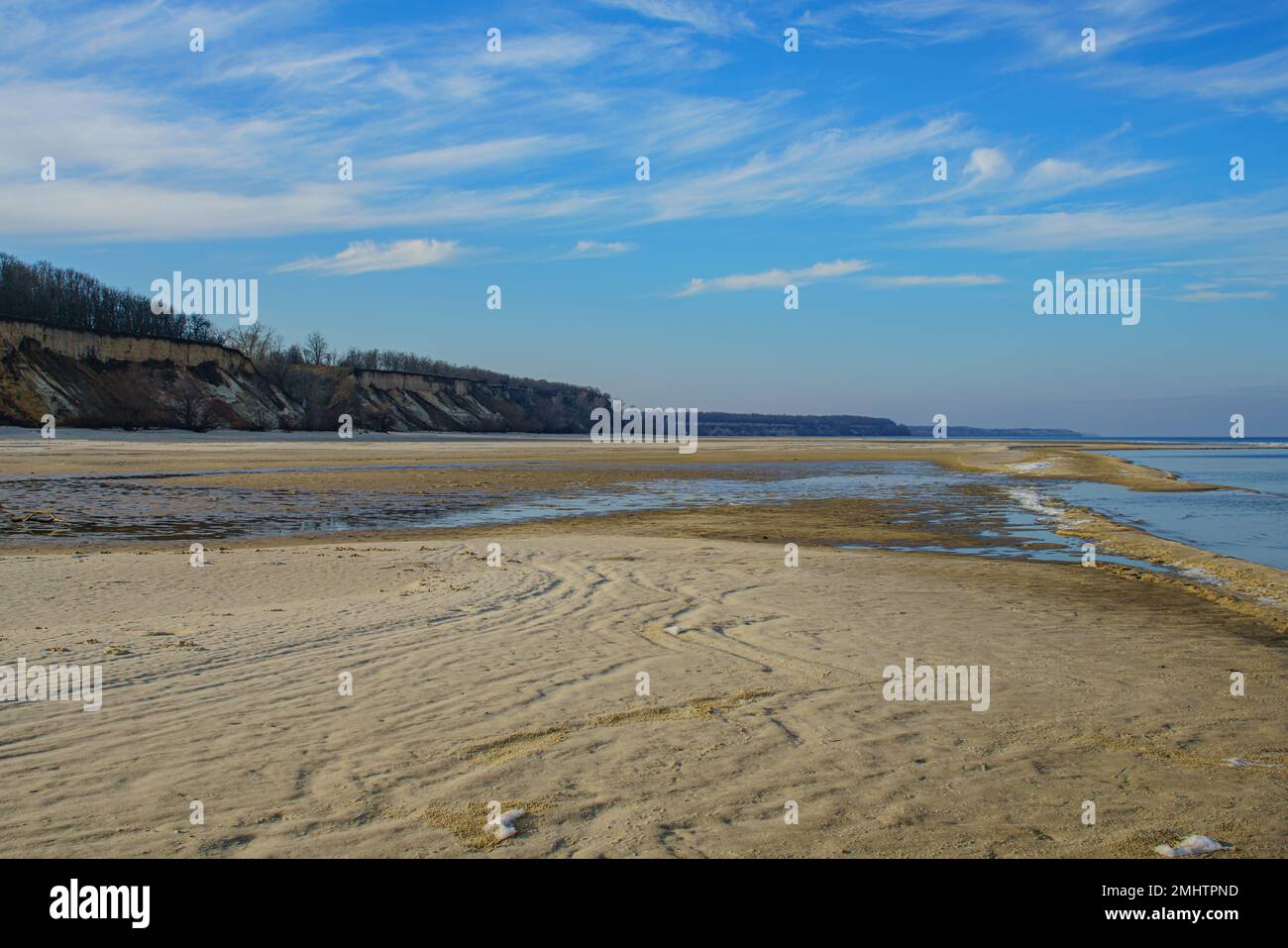 Natural background, sandy shore and water. Winter beach view Stock ...