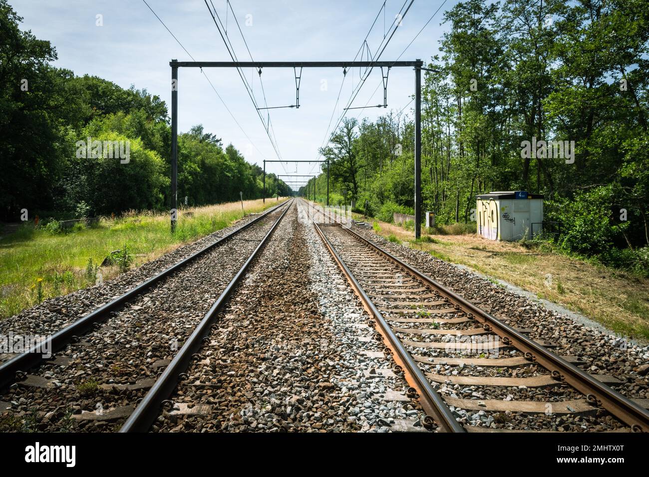 infrastructure electrified railway tracks landscape perspective sunny ...