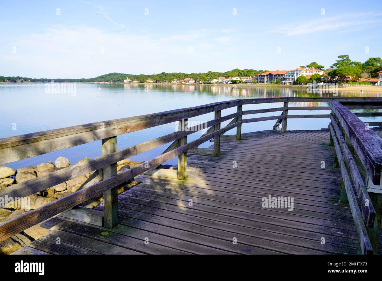 bridge pathway fence wooden in hossegor lake in landes France Stock ...