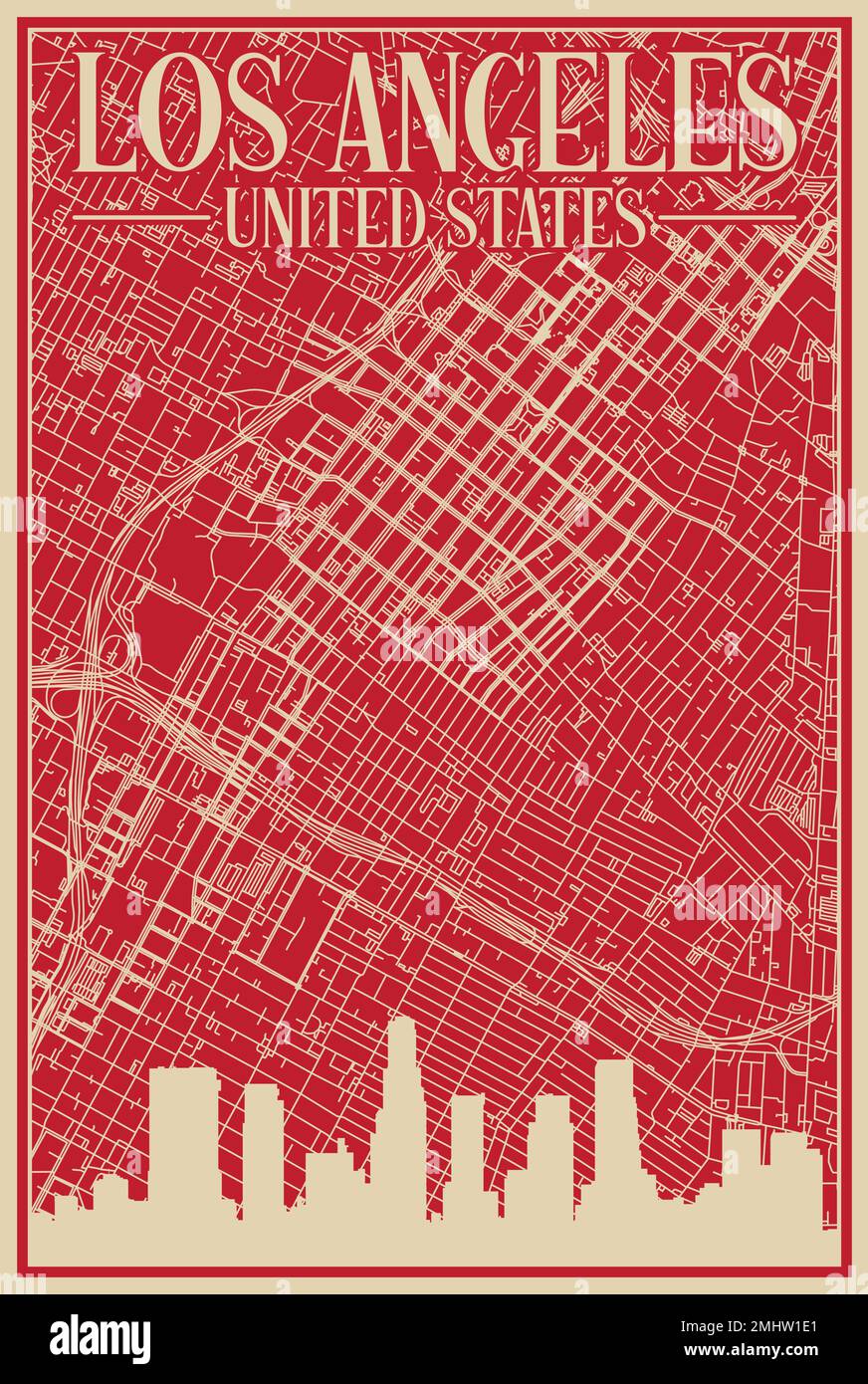 Road network poster of the downtown LOS ANGELES, UNITED STATES OF ...