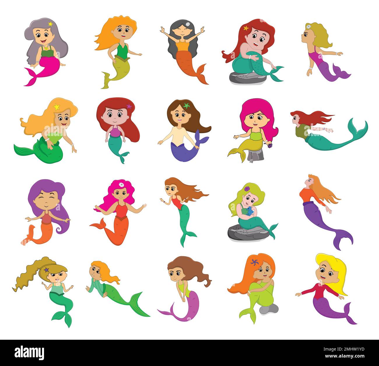 Cute little cartoon mermaid set, hand drawn vector illustration ...