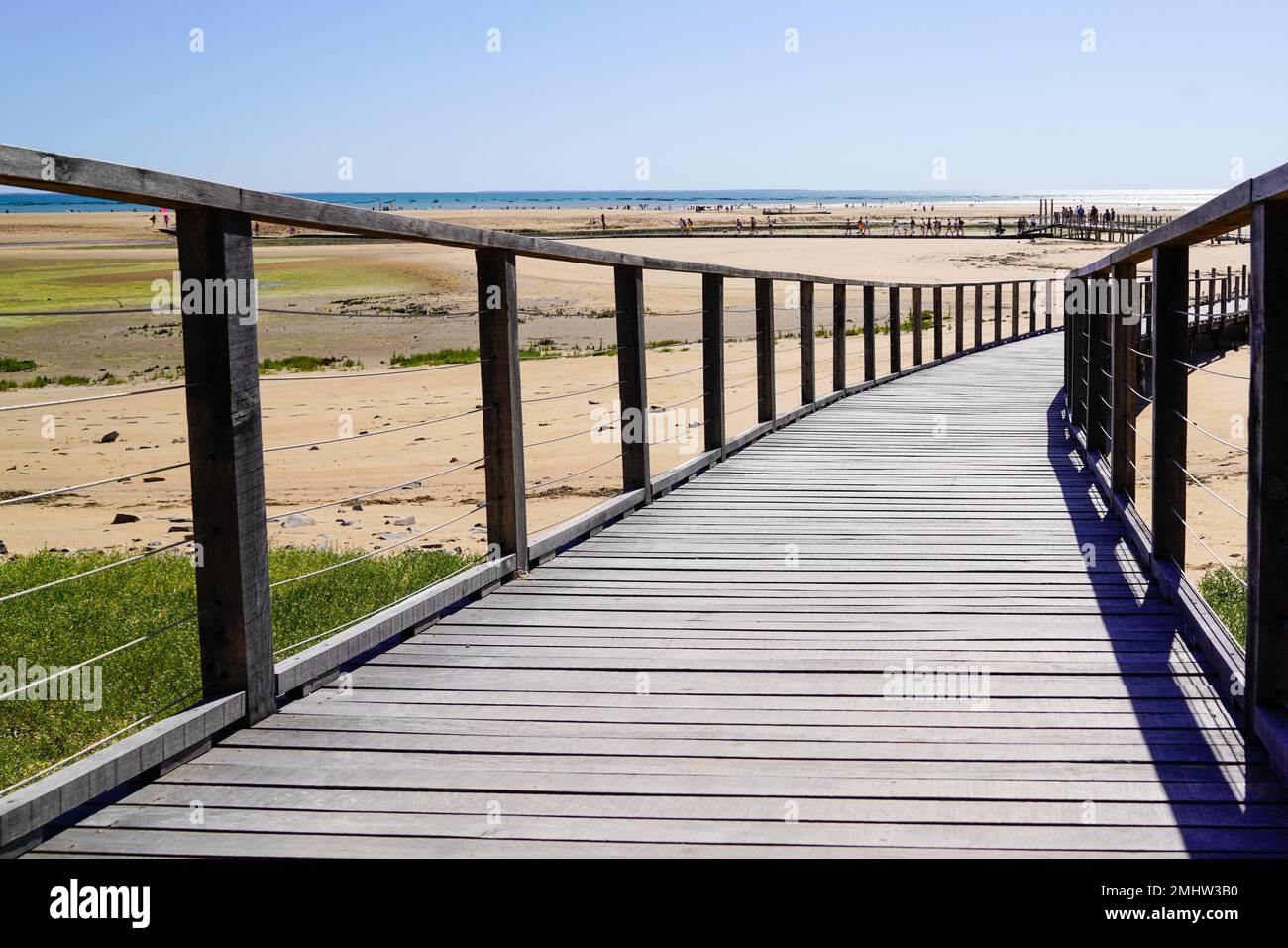 wooden pontoon sea access walkway on sandy beach atlantic ocean horizon ...