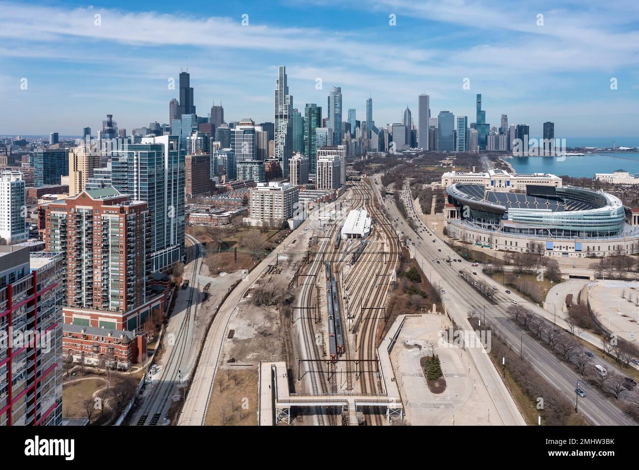 Aerial view of downtown Chicago from south of the loop with Soldier ...