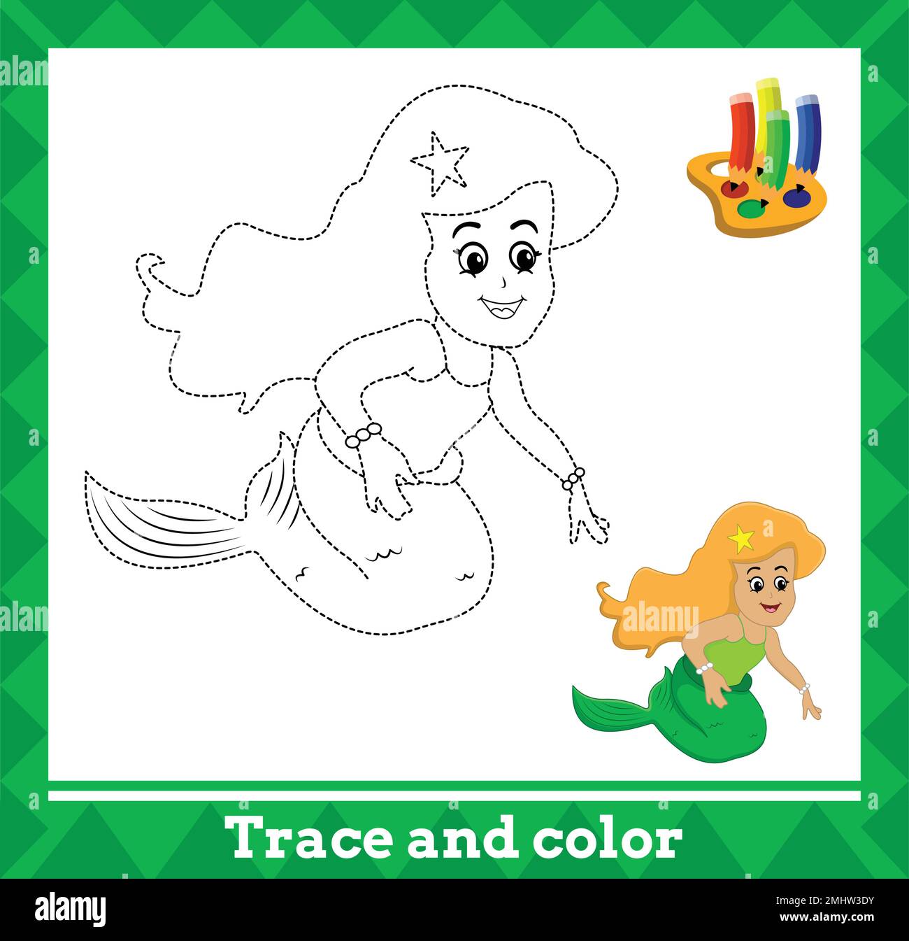 Trace and color for kids, mermaid vector illustration Stock Vector ...
