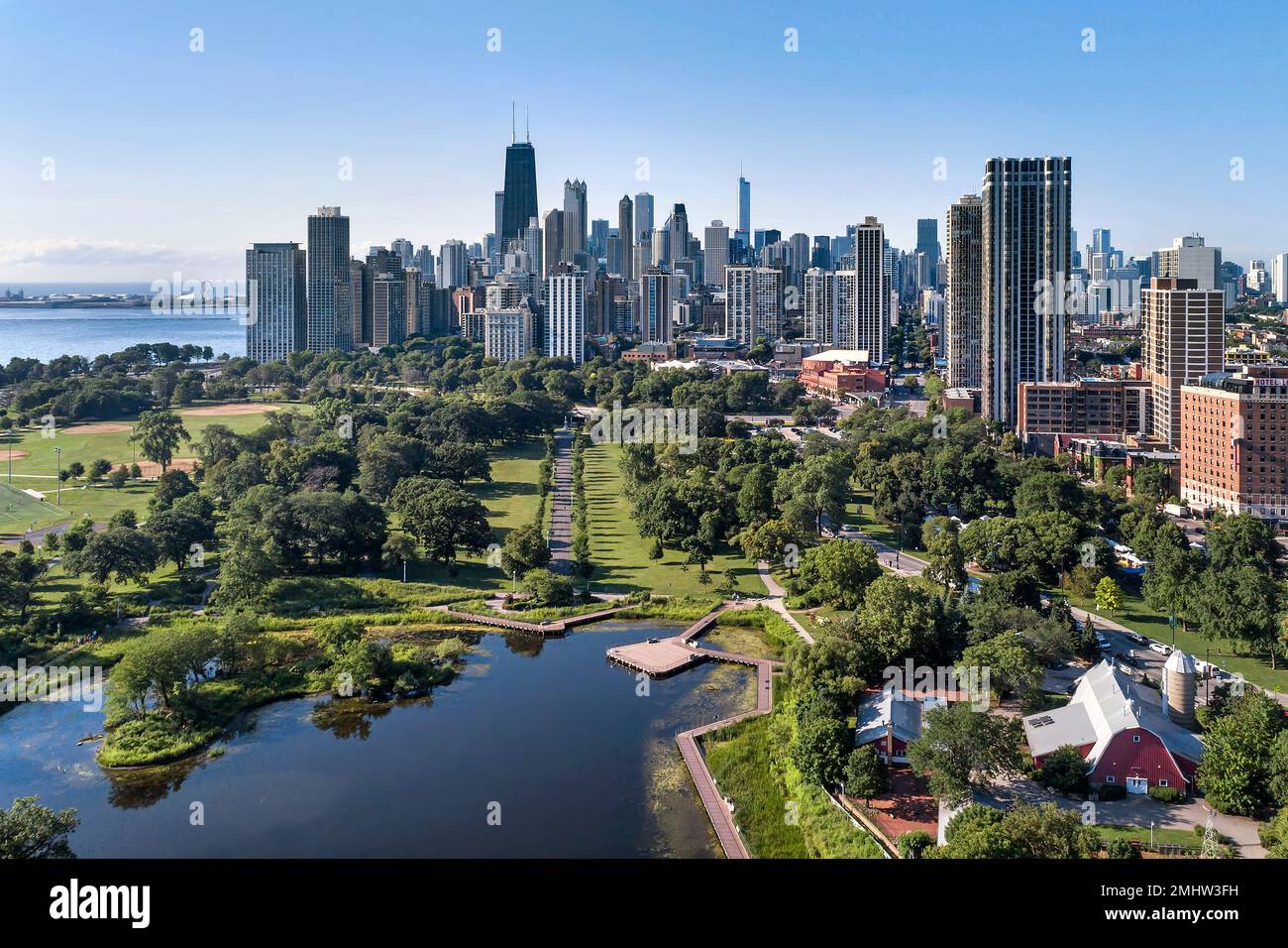 Aerial view of the south pond at Lincoln Park Zoo looking south towards ...