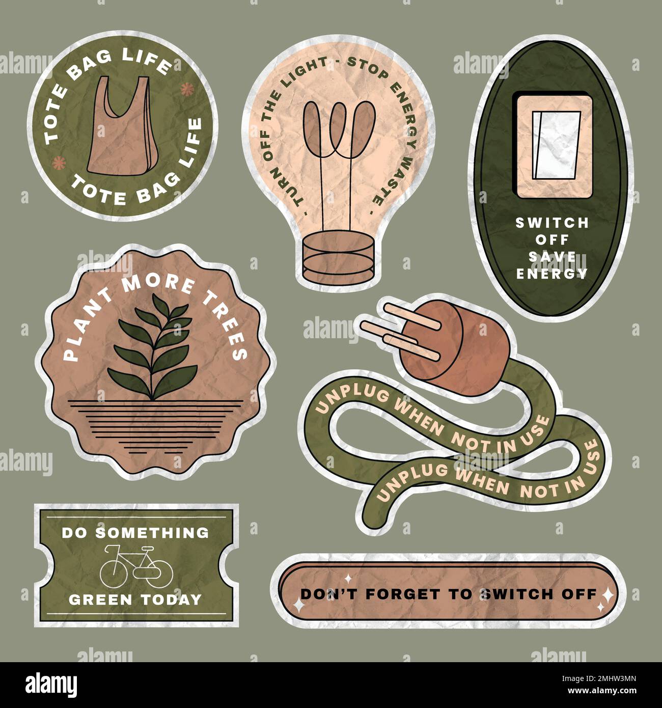 Save environment sticker vector set in crumpled paper texture Stock ...