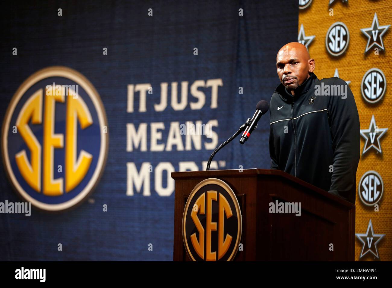 Vanderbilt head coach Jerry Stackhouse speaks during the Southeastern ...
