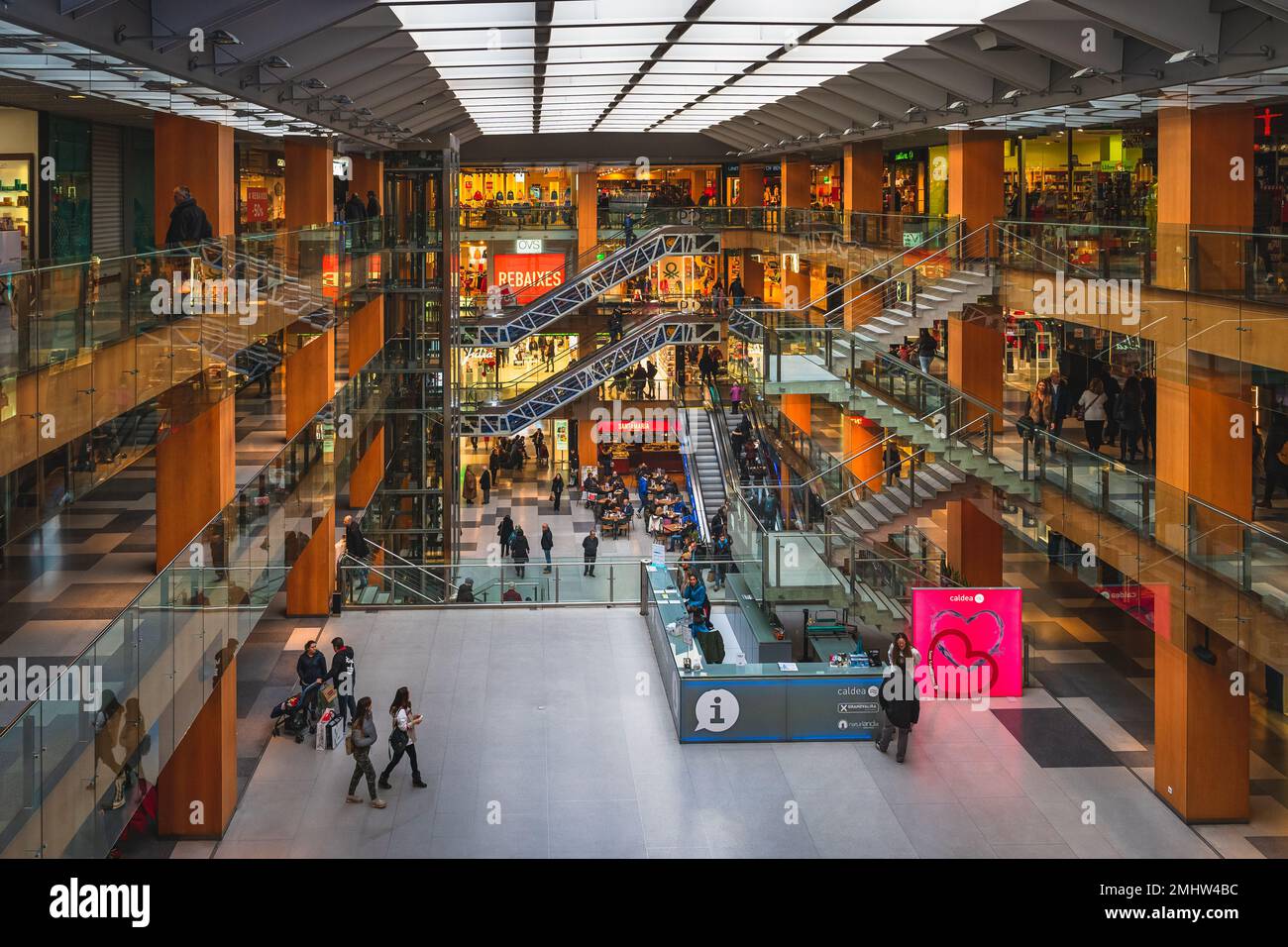 Andorra la Vella, Andorra, Jan 2020 Top view on people shopping in multi floor shopping mall or ...