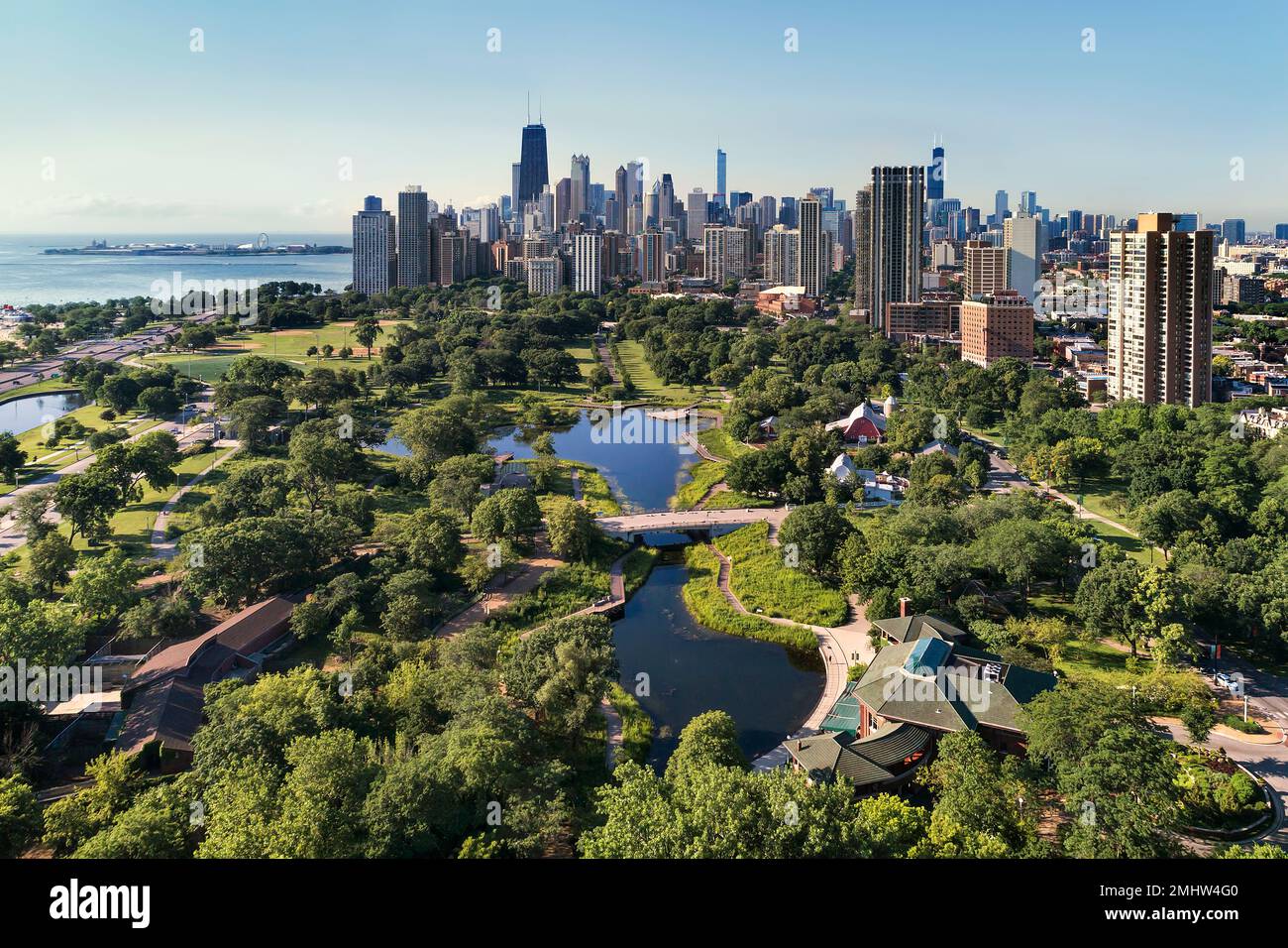 Aerial view of the south pond at Lincoln Park Zoo looking south towards ...