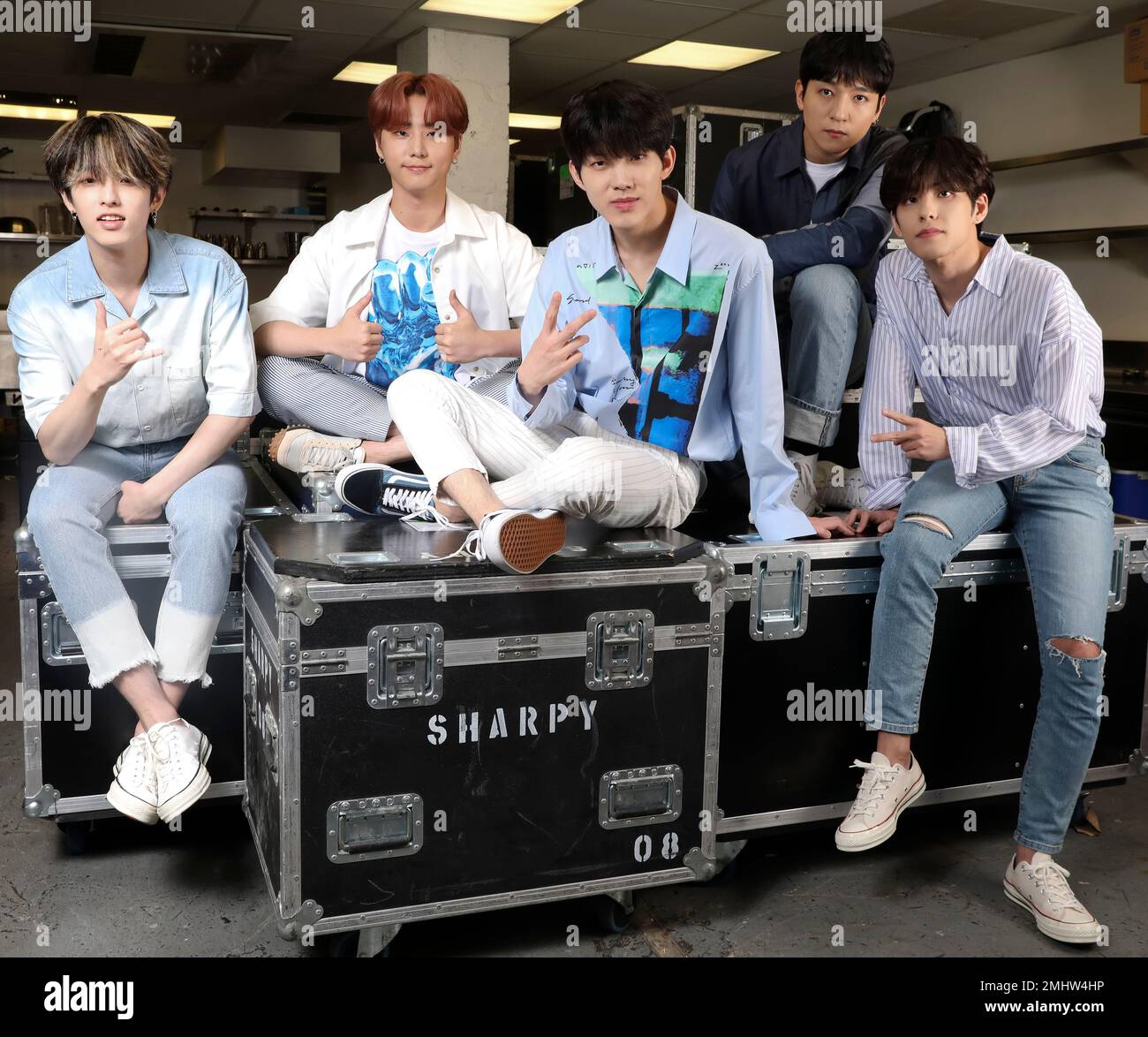 In this Sept. 13, 2019 photo, Day6 band members Jae, Young K, Dowoon, Sungjin, and Wonpil pose ...