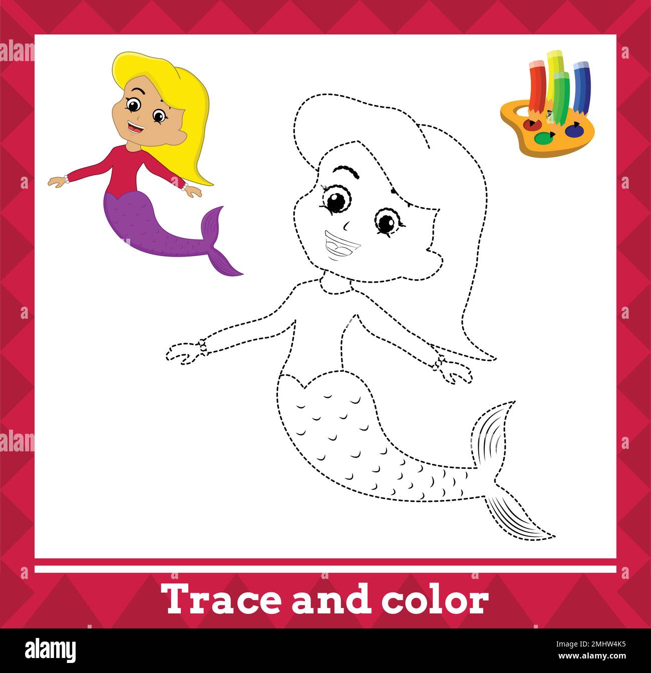 Trace and color for kids, mermaid vector illustration Stock Vector ...