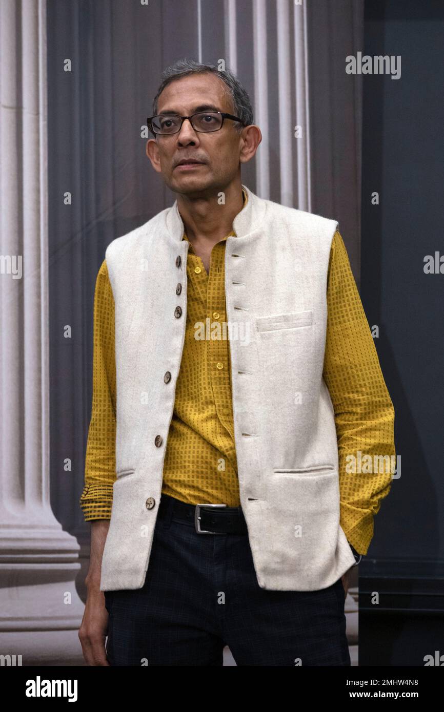 Abhijit Banerjee attends a news conference at Massachusetts Institute of Technology in Cambridge ...