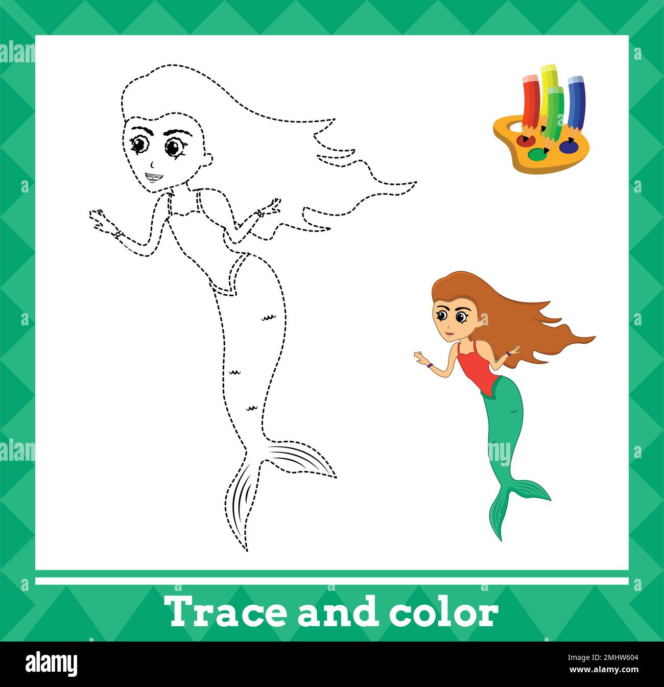 Trace and color for kids, mermaid vector illustration Stock Vector ...