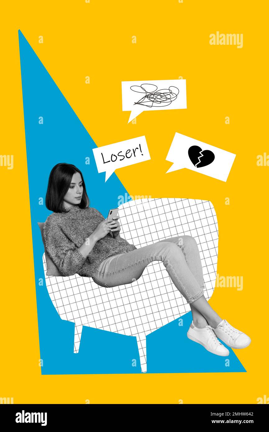 Poster magazine template collage of sad millennial girl sit chair use ...