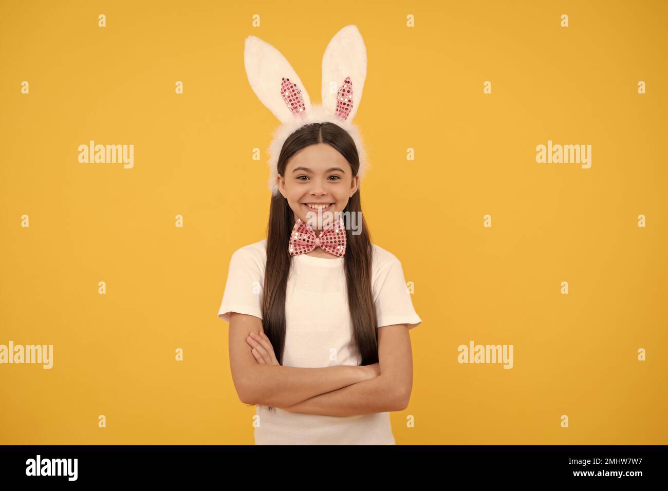happy easter teen girl in bunny ears and bow tie, easter Stock Photo - Alamy