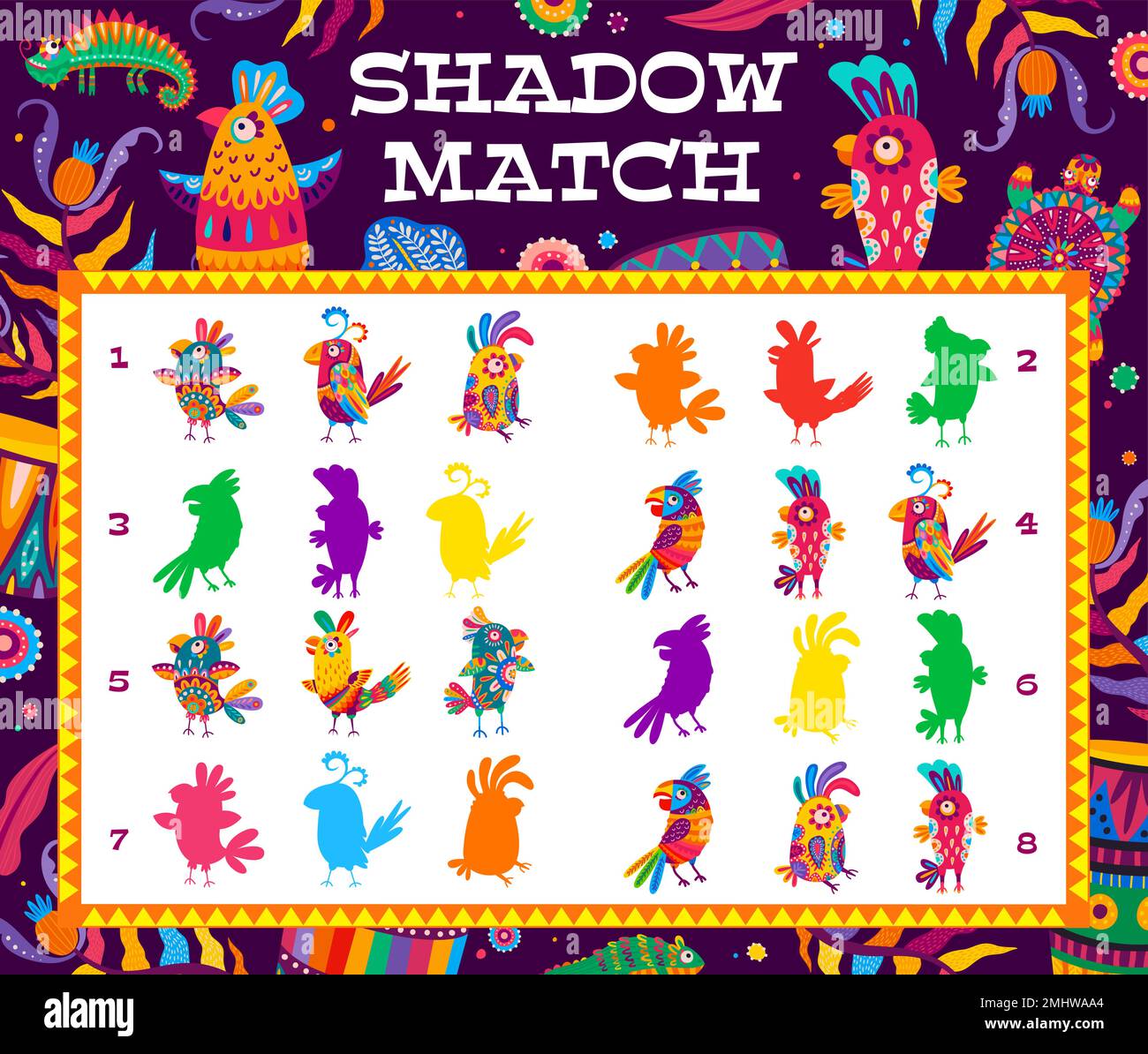 Shadow match game. Mexican and brazilian parrots, jungle forest funny ...
