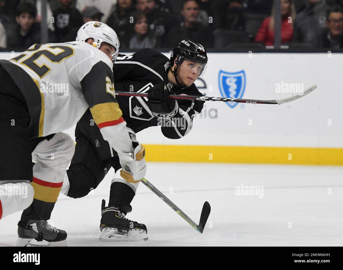 Los Angeles Kings center Blake Lizotte follows through on a shot ...