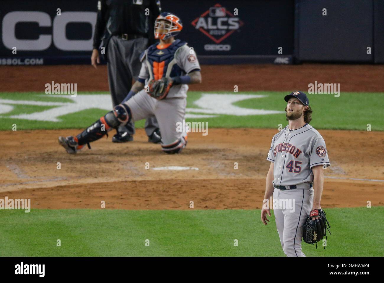 Houston Astros starting pitcher Gerrit Cole (45) and catcher Martin ...