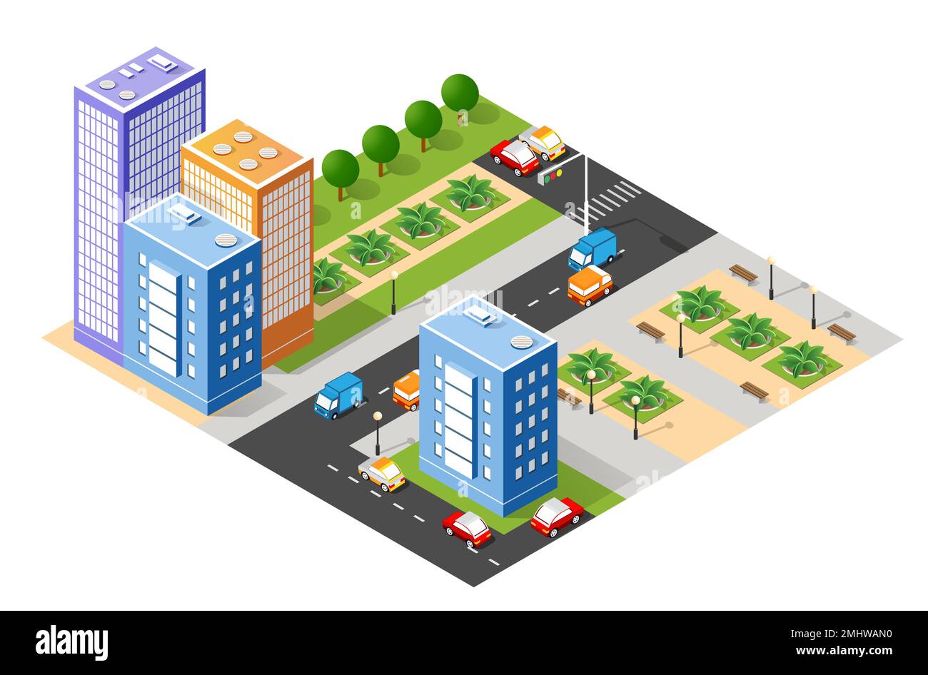 Isometric 3D illustration of the city quarter with houses, streets ...