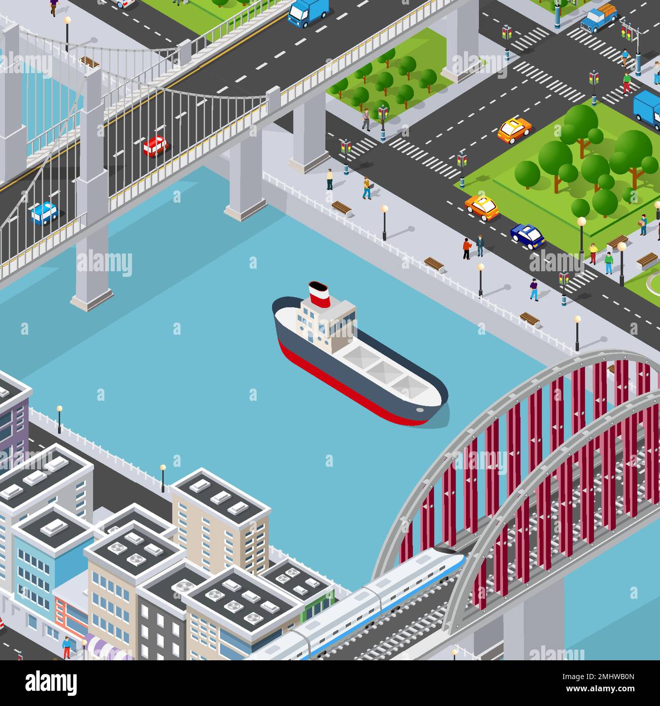 Isometric vector illustration of a modern city with people a marina and ...