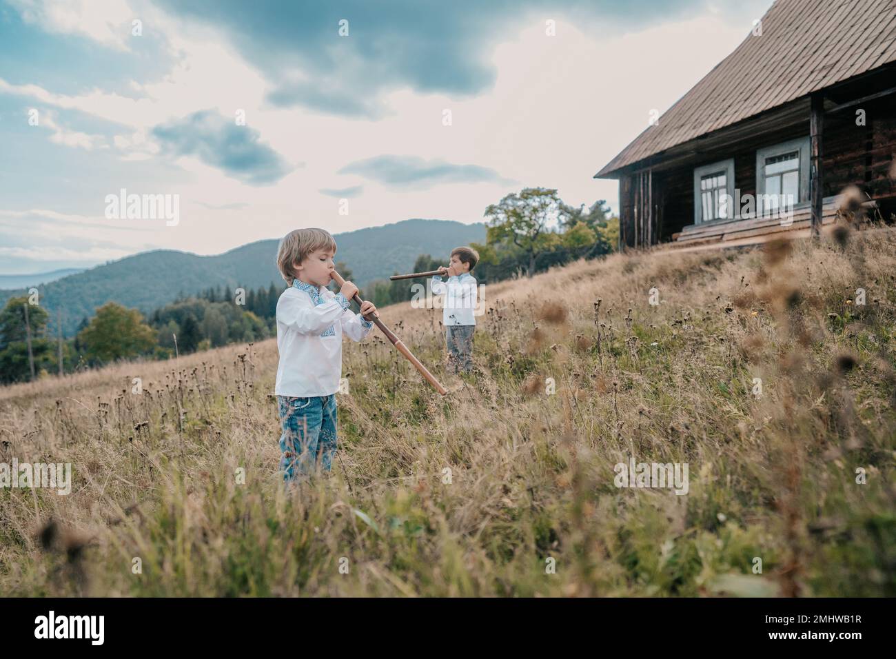 Little boys playing on flutes - ukrainian sopilka on meadow Carpathian ...