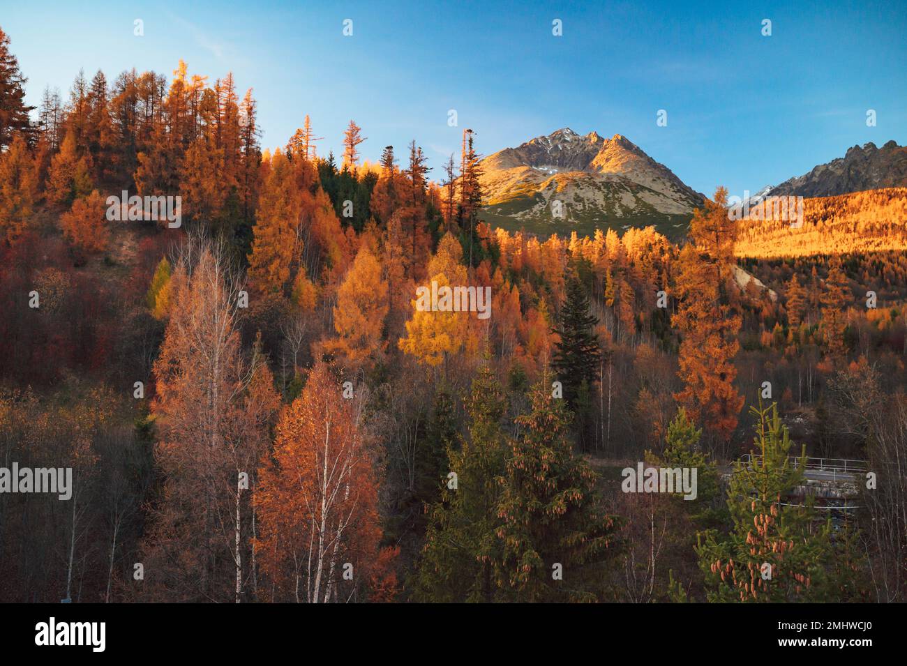 A panoramic view of the High Tatras in autumn, with the Gerlach peak as ...