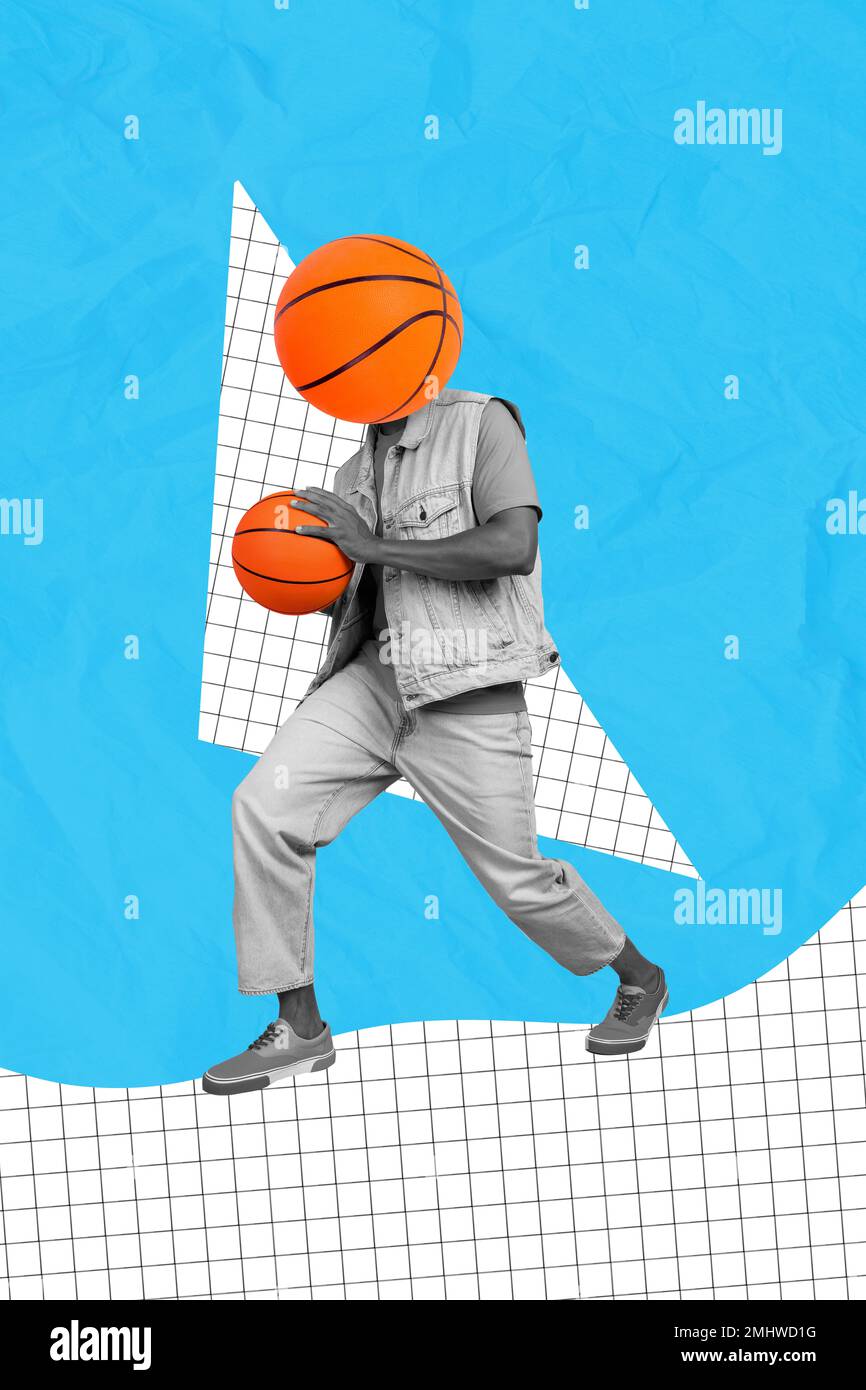 Magazine adverts creative collage of funky young guy playing game team slum dunk basket ball ...