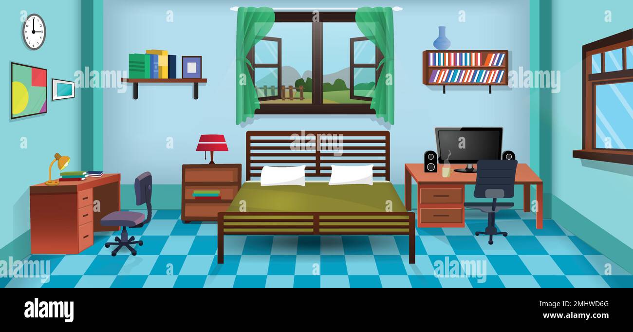 Vector cartoon living room interior with big windows, bed, chair ...
