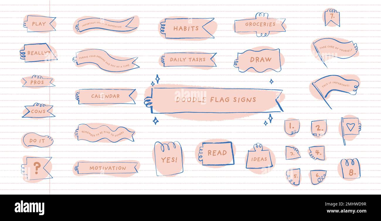 Cute hand-drawn vector doodle flag signs and bookmarks for journals and ...