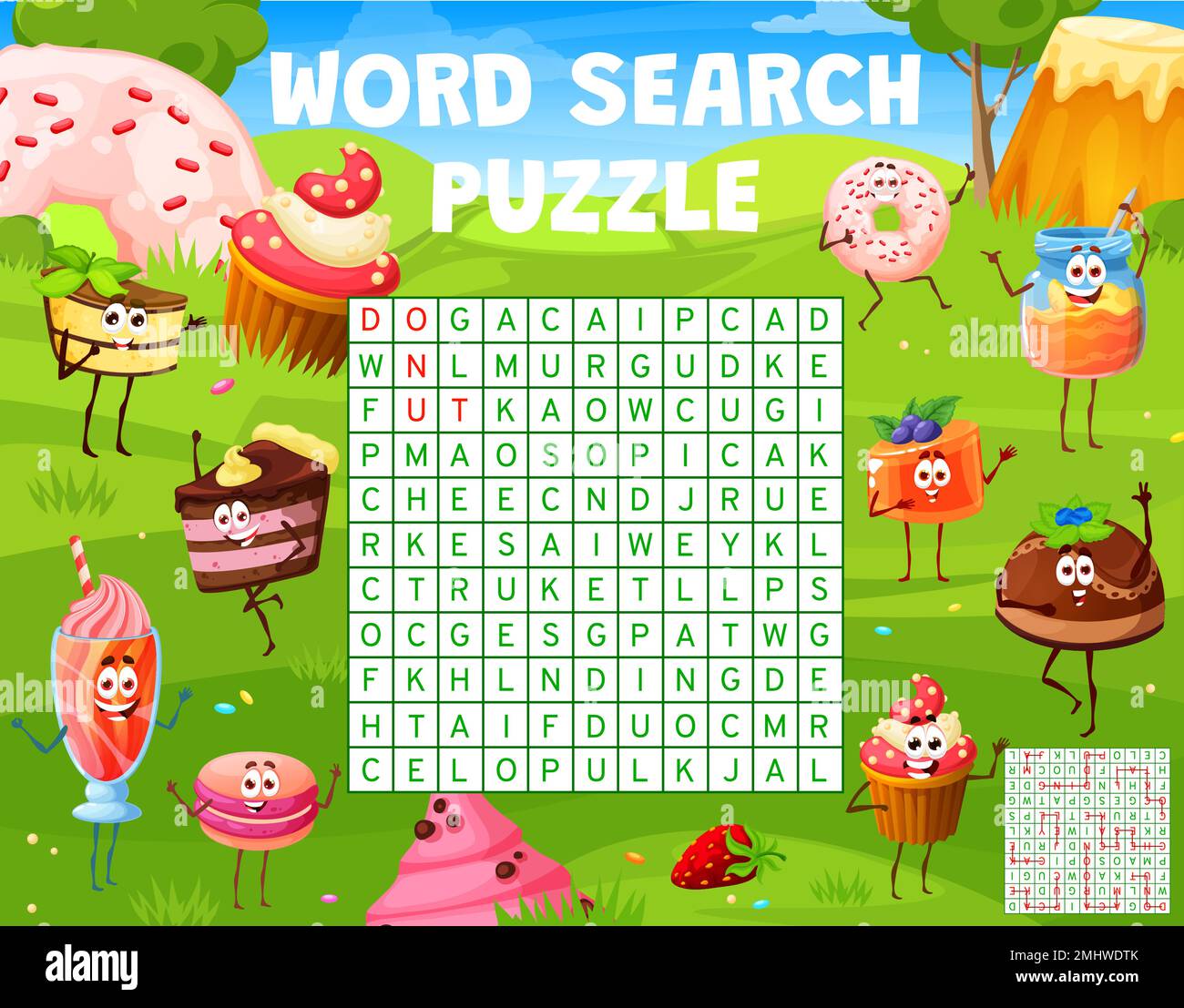 Word search puzzle game, cartoon desserts, sweets and cake characters ...