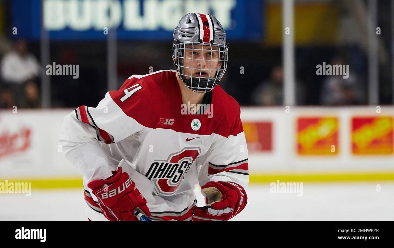 Ohio State defenseman Layton Ahac in action against the Western ...