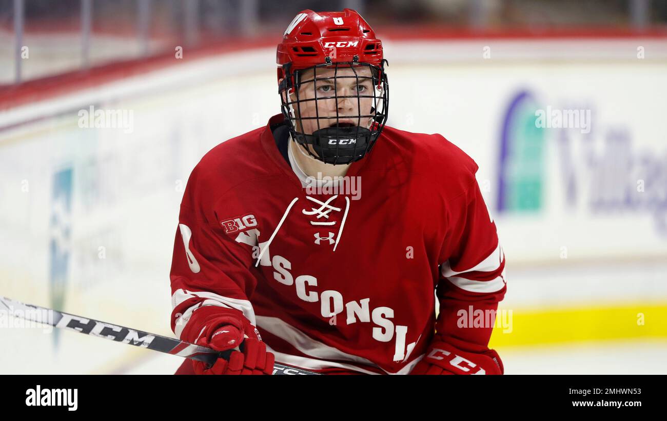 Wisconsin's Cole Caufield during an NCAA hockey game against the Boston ...