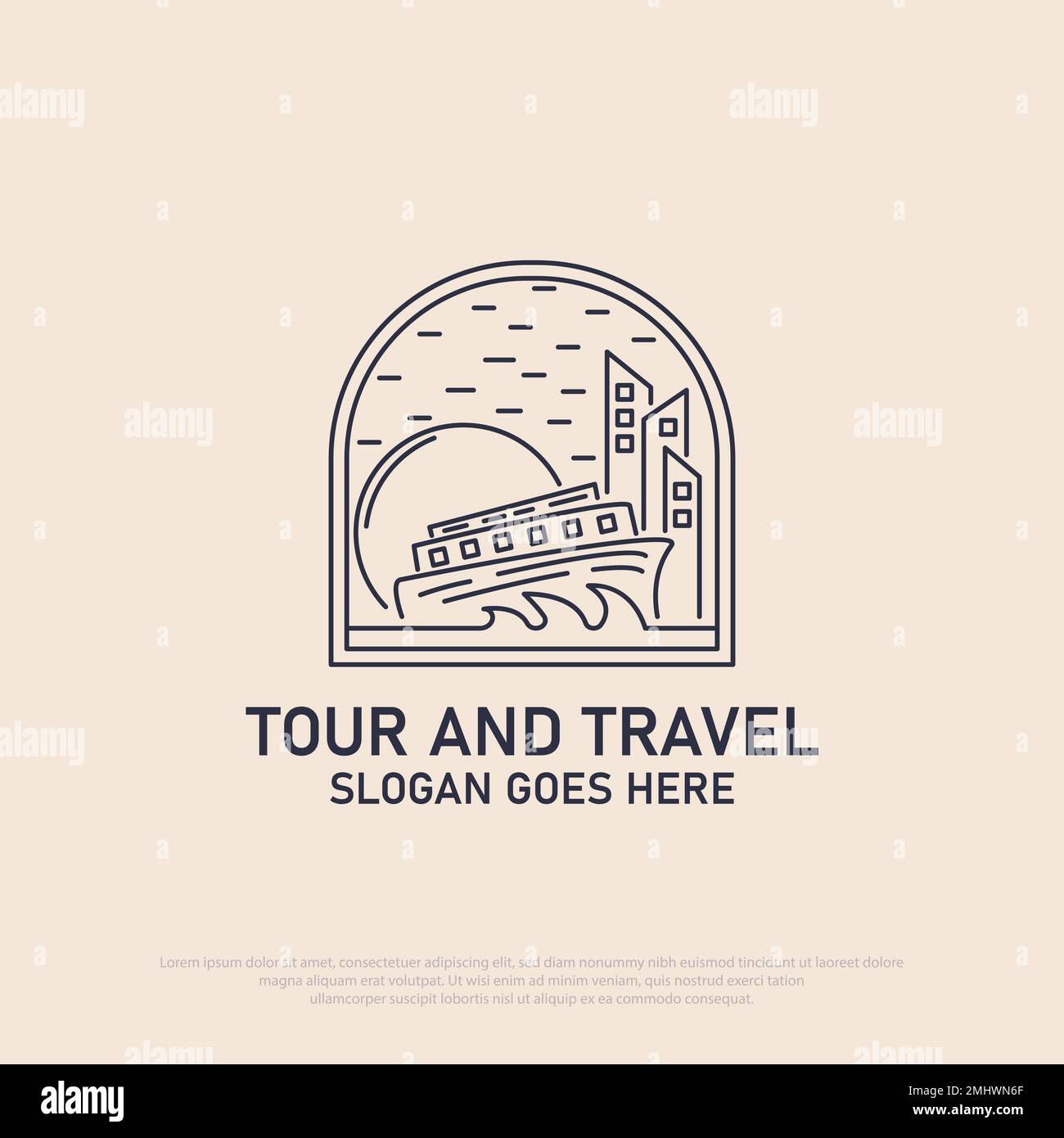 Tour and travel logo vector with cruise ship in the moon light with ...