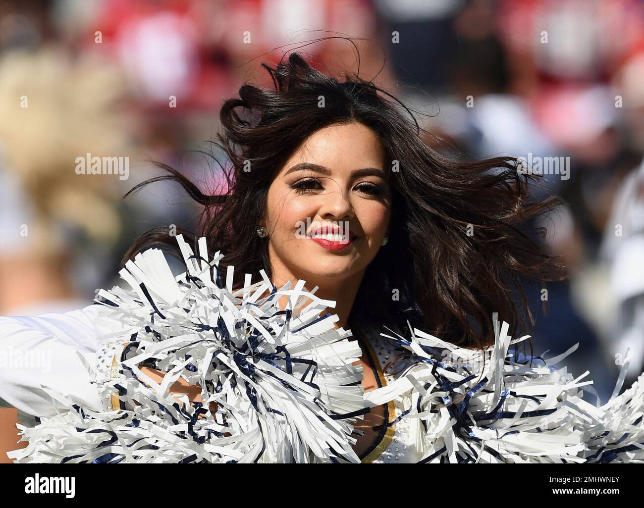 Los Angeles Rams cheerleader on the field during a break in the action ...