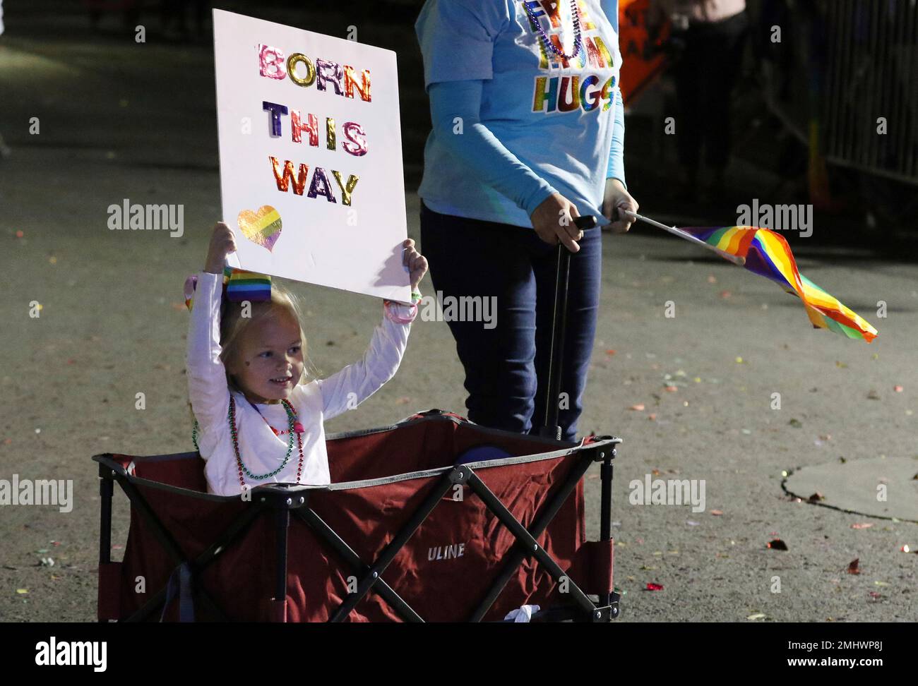 A child hold sign during the Vegas pride parade on Friday, Oct. 11 ...
