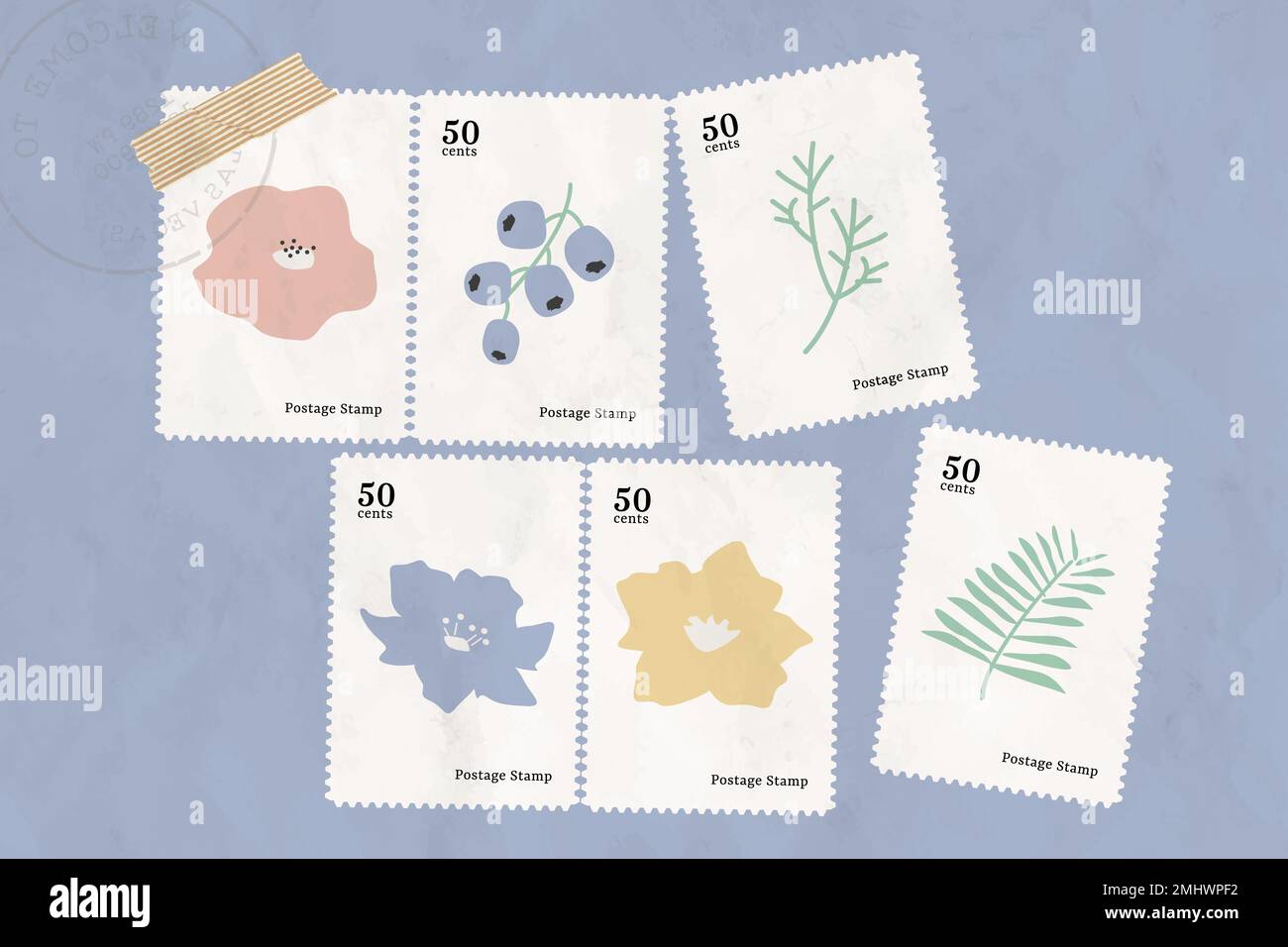 Botanical stamp collection on blue background vector Stock Vector Image ...