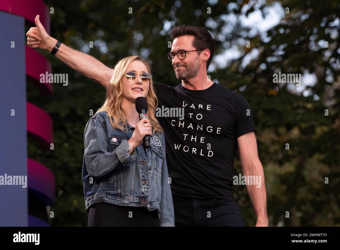 Rachel Brosnahan and Hugh Jackman speak at the 2019 Global Citizen ...