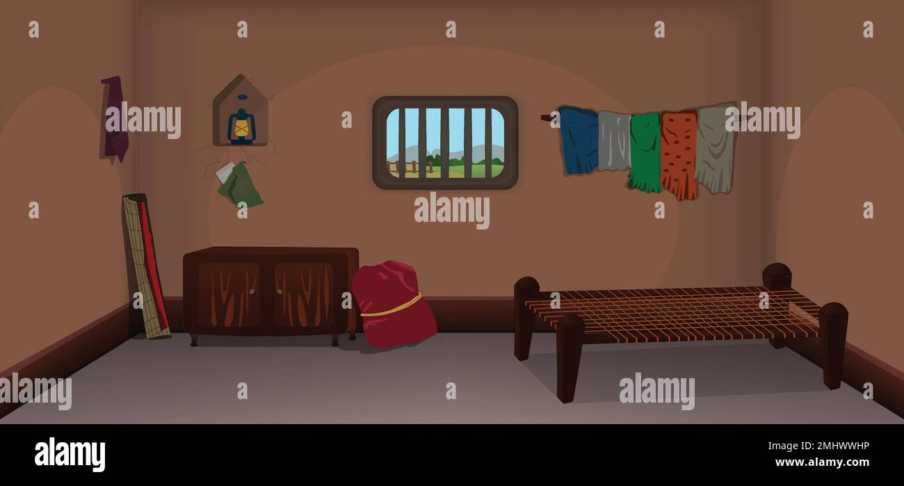 Village room inside cartoon background vector, poor room interior ...