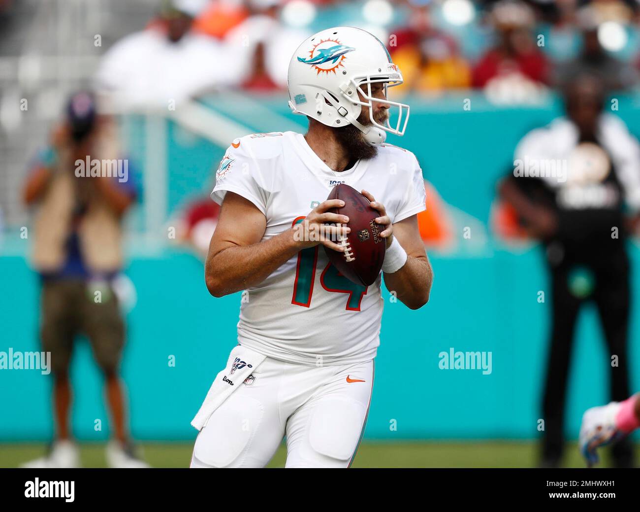 Miami Dolphins quarterback Ryan Fitzpatrick (14) looks to pass, during ...