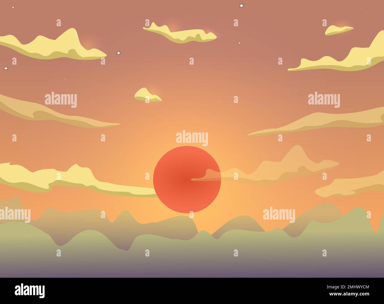 Sunset cartoon sky with clouds, sun, sunlight vector background design ...