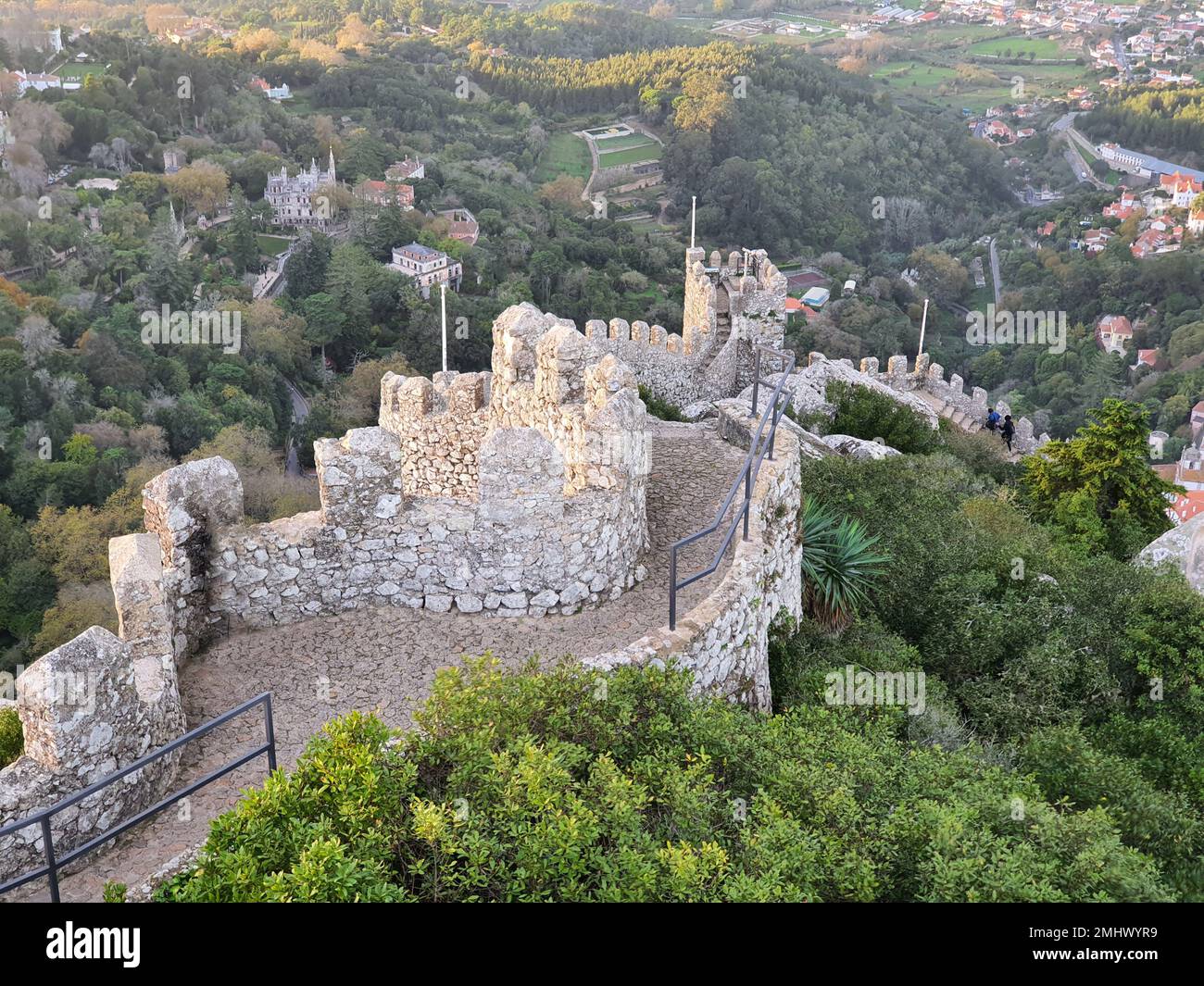 An aerial view of the Moorish castle surrounded by forest in Sintra ...
