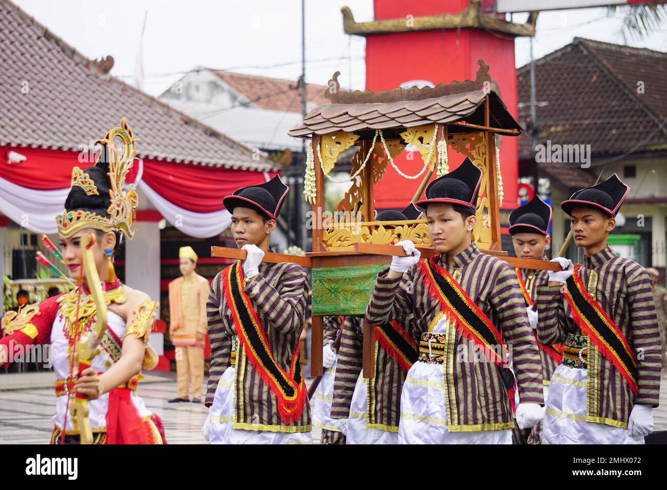 Indonesian with ancient Javanese soldier cloth on grebeg Pancasila ...