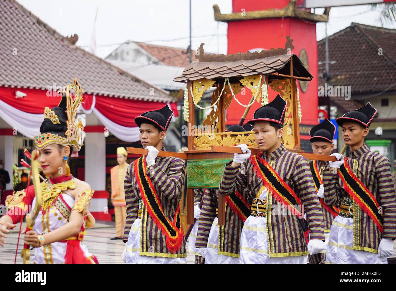 Indonesian with ancient Javanese soldier cloth on grebeg Pancasila ...