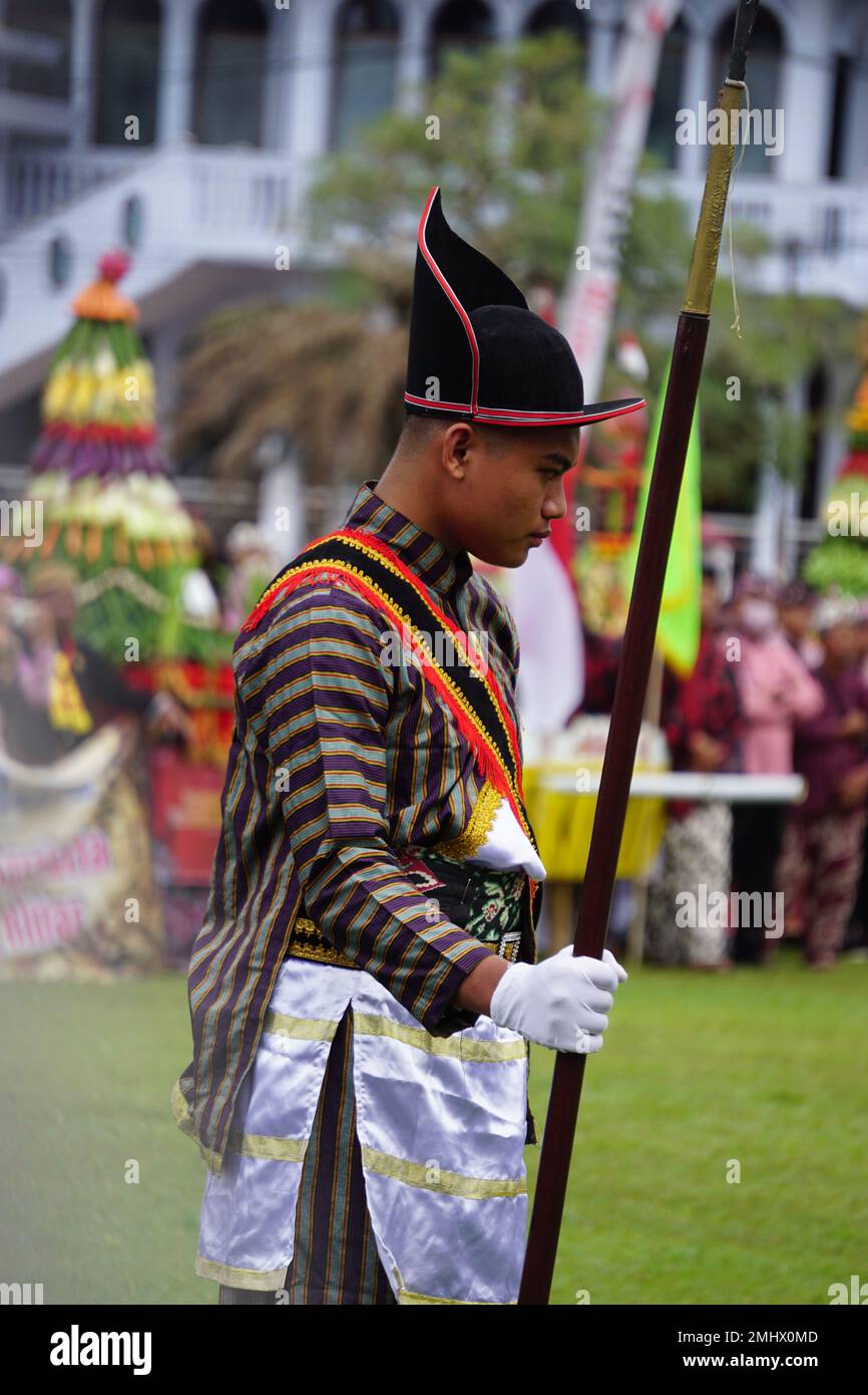 Indonesian with ancient Javanese soldier cloth on grebeg Pancasila ...